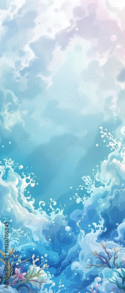 Watercolor gradient background with oceanic elements, coastal ...