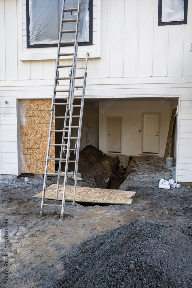 New house construction in progress, view into open garage with dirt ...