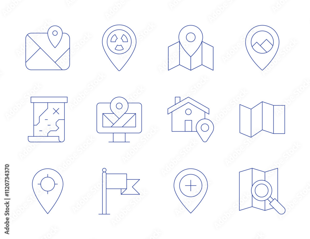 Map icons. Thin Line style, editable stroke. biohazard, computer, flag ...