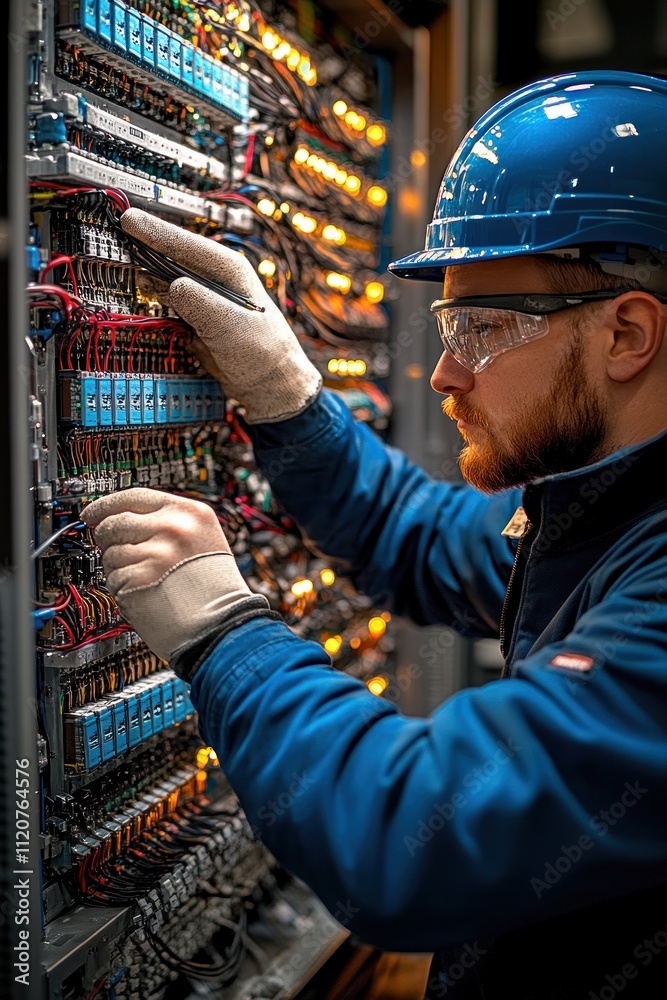 Electrician Working on Electrical Circuits in Switchboard with Fuses ...