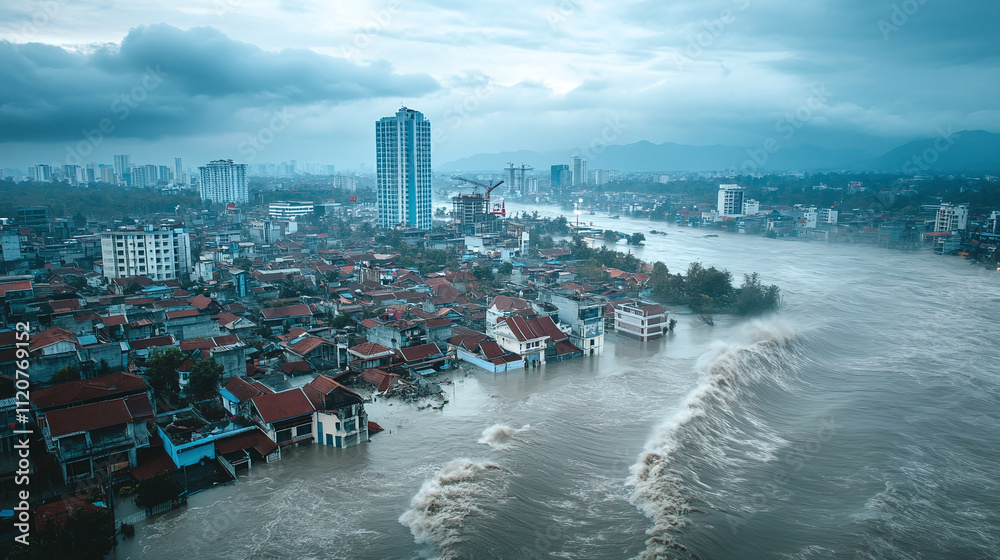 Foto de Stock Devastating tsunami disaster city, overwhelming water ...