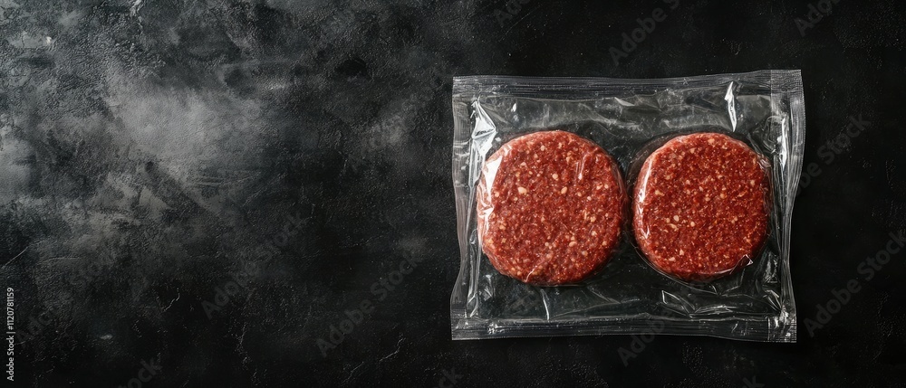 Two raw beef burger patties in vacuum sealed plastic packaging on dark ...