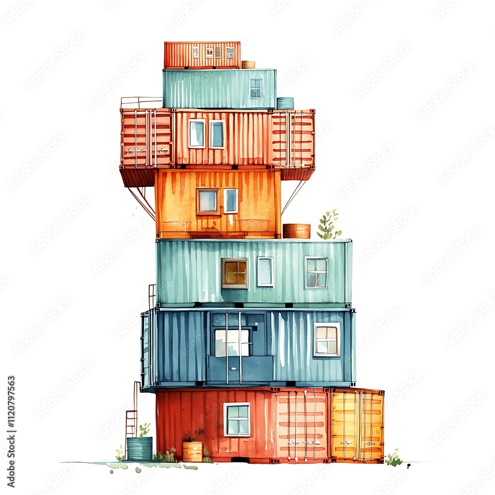 Watercolor illustration of a multi-story building constructed from ...