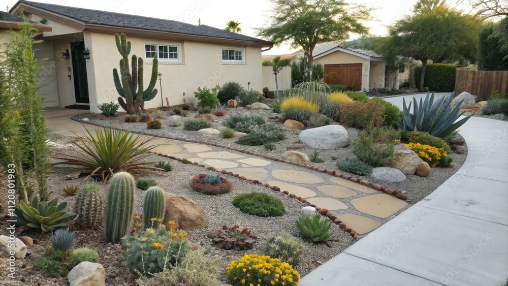 A garden layout designed with xeriscaping principles featuring ...