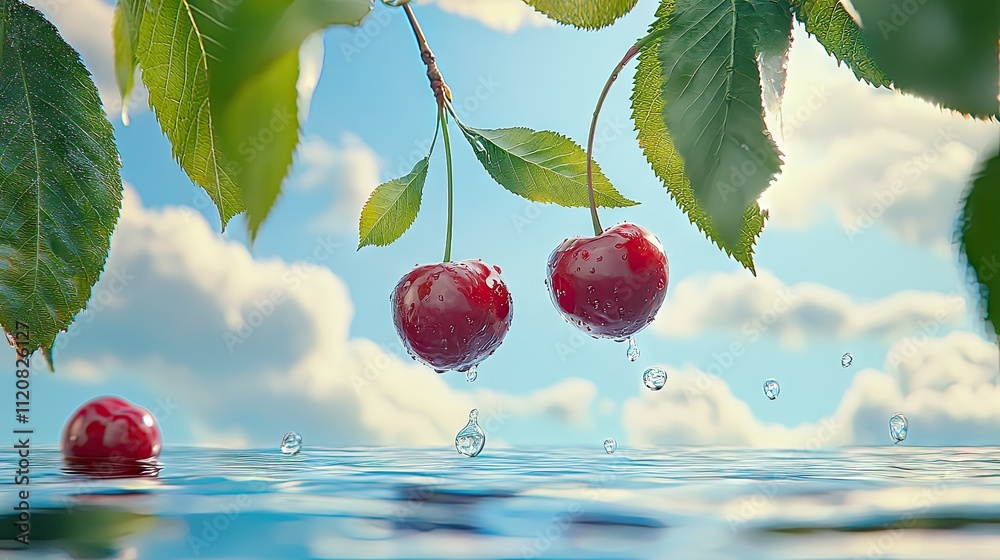 Product photography, two cherries hanging in the air about to fall into ...