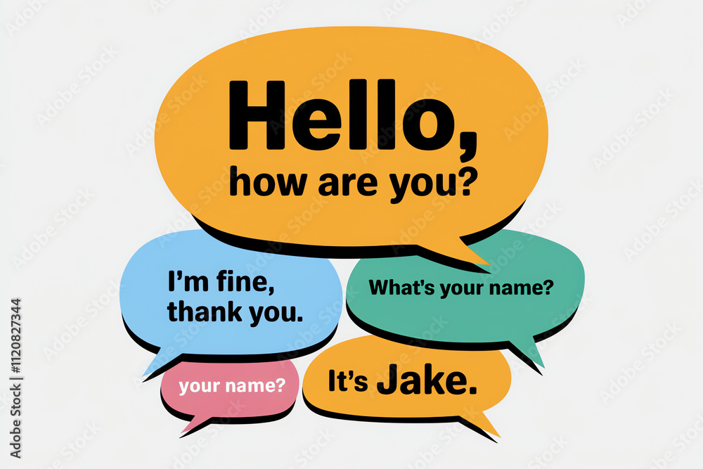 Friendly conversation bubbles illustrate greetings and introductions in ...