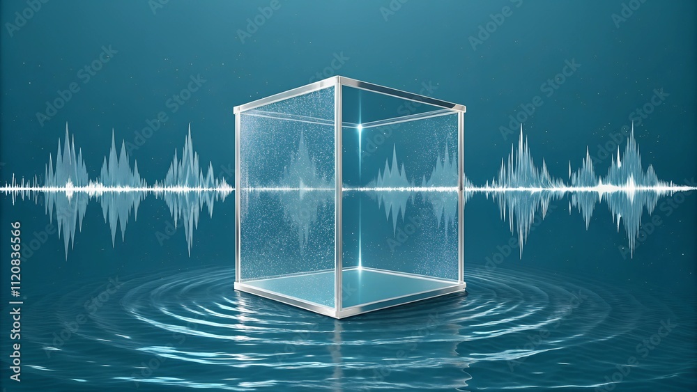 Transparent Cube with Surrounding Soundwaves and Water Ripples ...