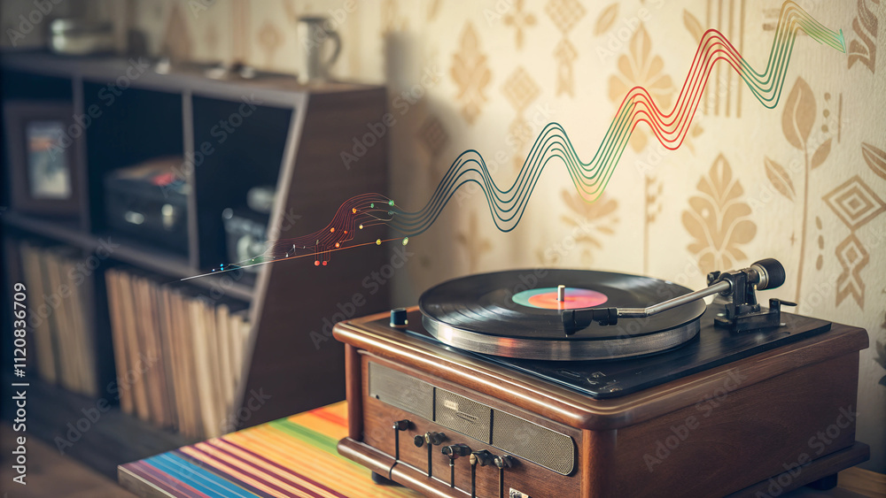 Vintage Turntable Playing Vinyl with Colorful Soundwave, Ideal for ...