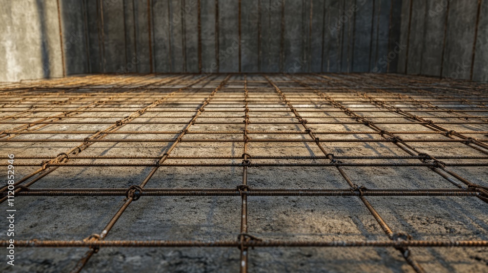 Metal reinforcement grid with wood frame in a concrete basement under ...