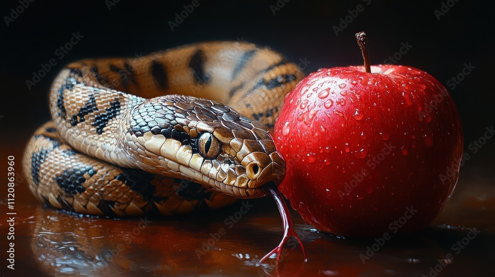 Snake and Red Apple Depiction in Creation Story of Adam and Eve ...
