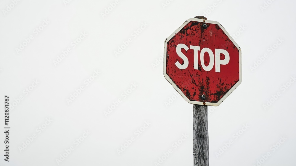 Vintage stop sign with weathered texture on a desolate white background ...