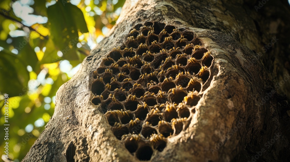 Intricate termite nest embedded in a tree trunk showcasing the unique ...