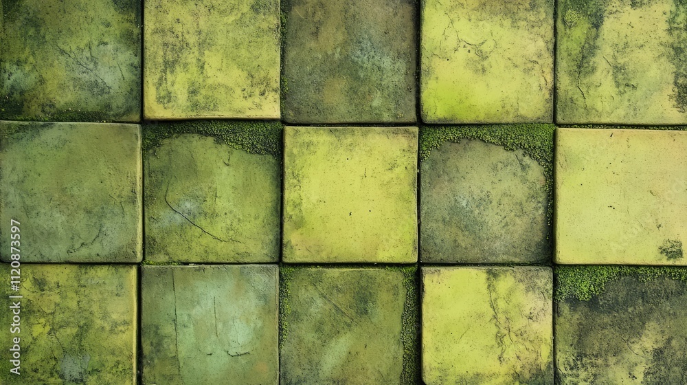 Rustic clay roof tiles with green moss arranged in rows creating a ...
