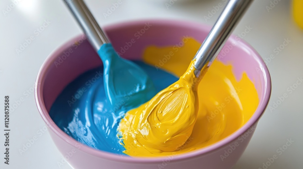 Mixing paddle attachment for drills blending blue and yellow paint in a ...