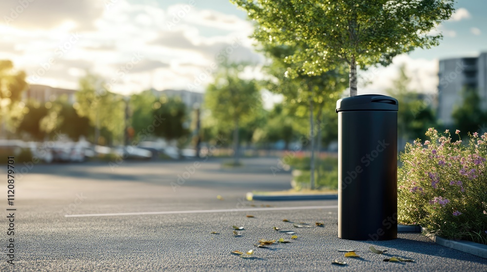 Black plastic trash can in countryside parking lot with summer ...
