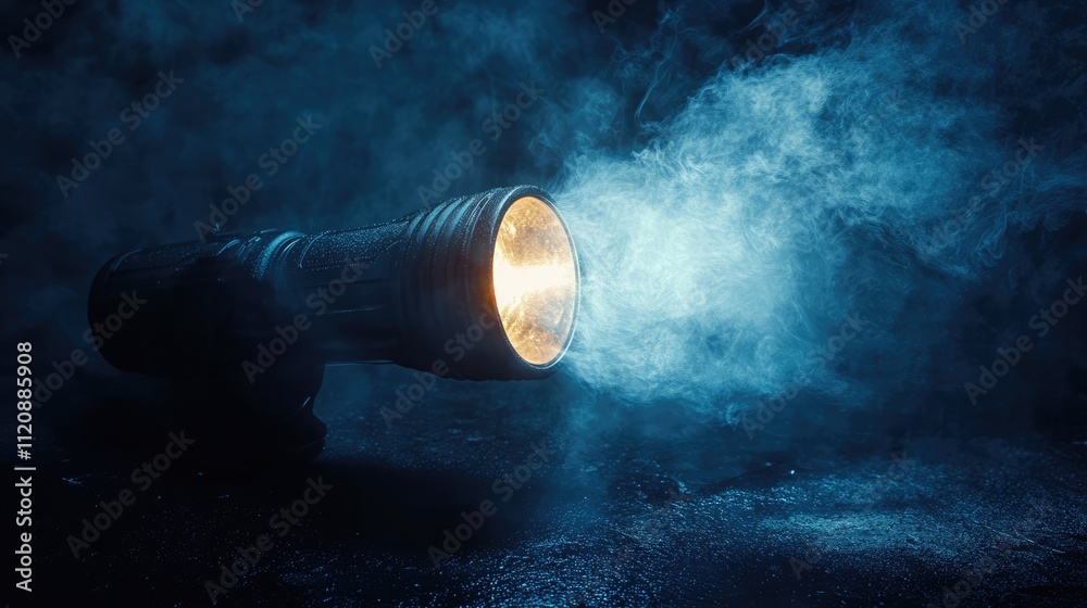 Powerful flashlight emitting light and smoke representing emergency ...