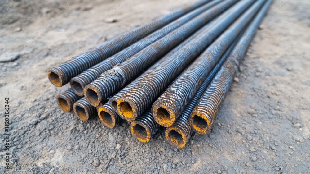 Reinforcement steel rebar and deformed bars stacked on construction ...