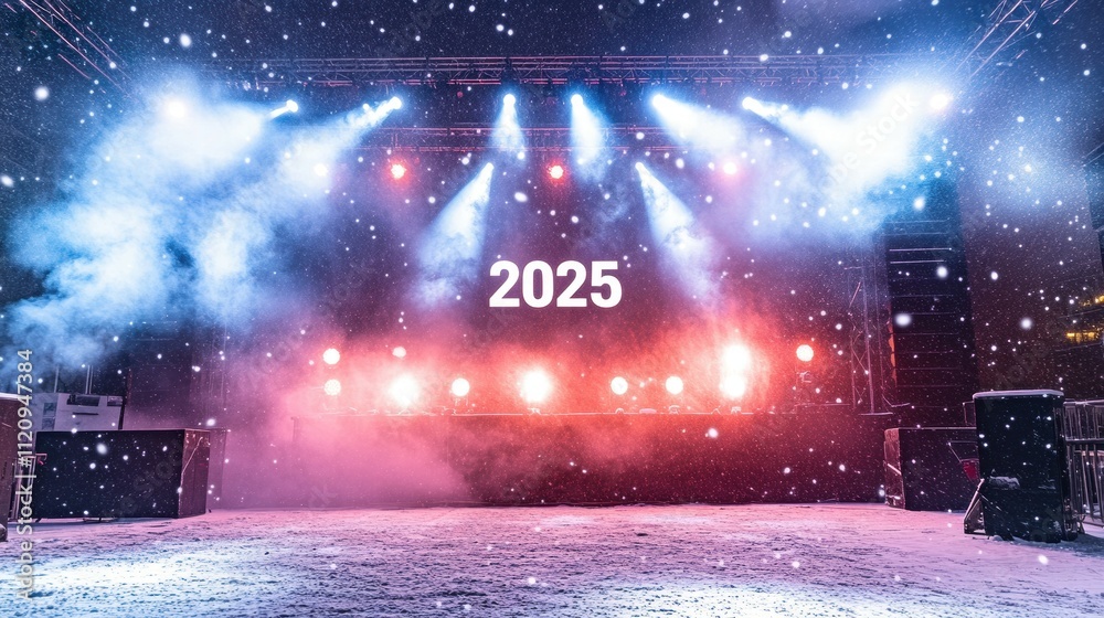 Countdown clock sparkles at snowy outdoor festival stage in 2025 ...