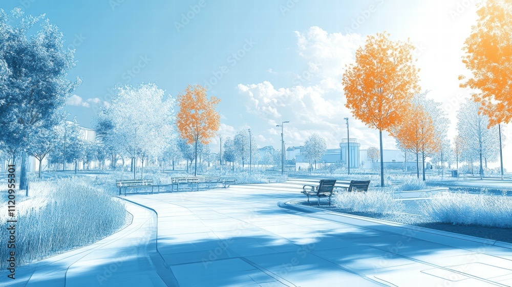 Urban park transformation from blueprint to reality with lush trees and ...