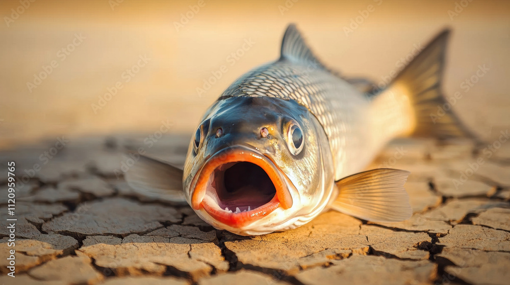 Climate change wildlife crisis concept. A fish lies on cracked earth ...