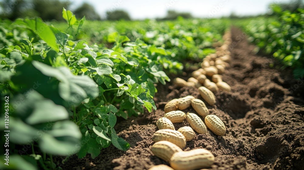 Peanut plants thriving in a field, peanuts scattered on the ground ...