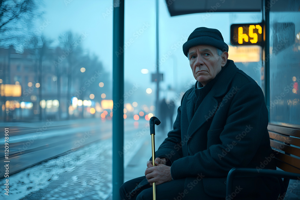 A lonely 70-year-old man sitting alone at a bus stop at dusk, holding a ...