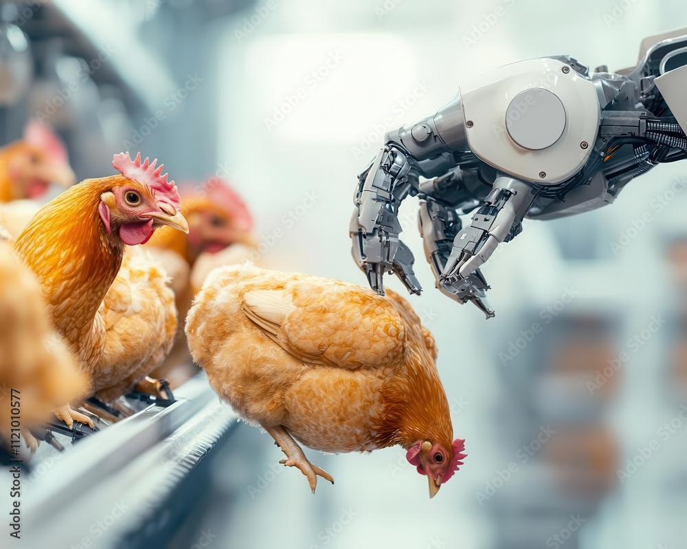 Factory with robotic arms placing chickens on conveyor belts, robotic ...