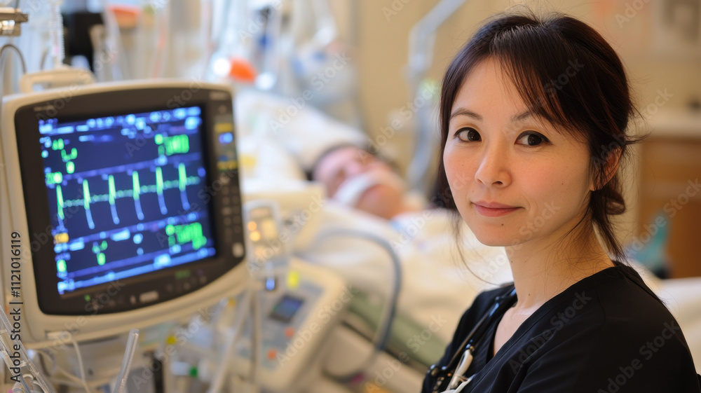 nurse monitoring ECMO parameters with serene patient in background ...