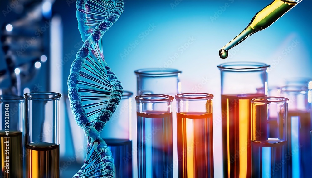 DNA double helix, test tubes, and pipette represent genetic research ...