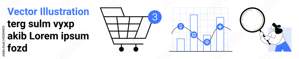 Shopping cart with number badge, bar graph with line chart, character ...