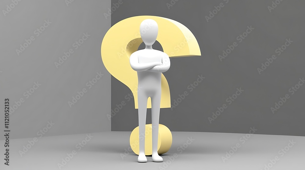 Humanoid white figure with a question mark behind him, questioning and ...