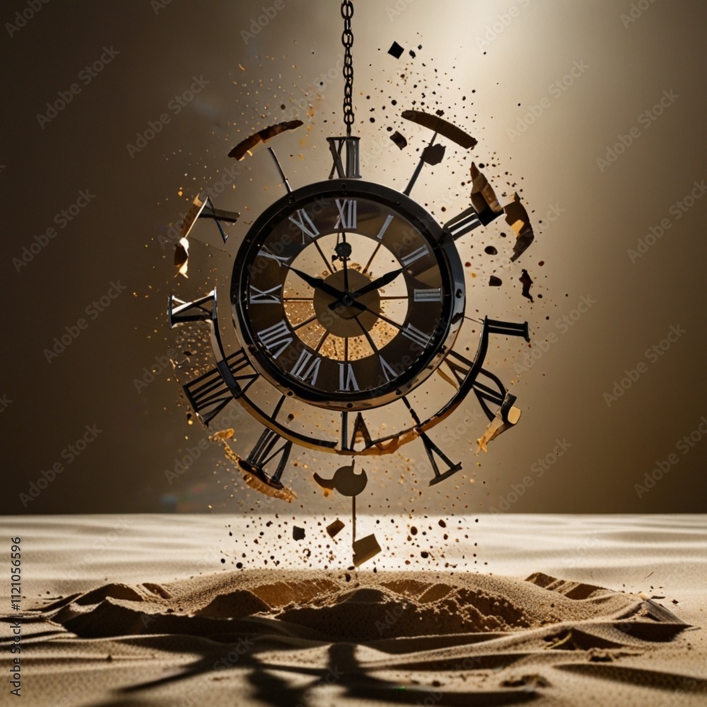 Broken clock faces suspended in mid-air, each piece radiating light and ...