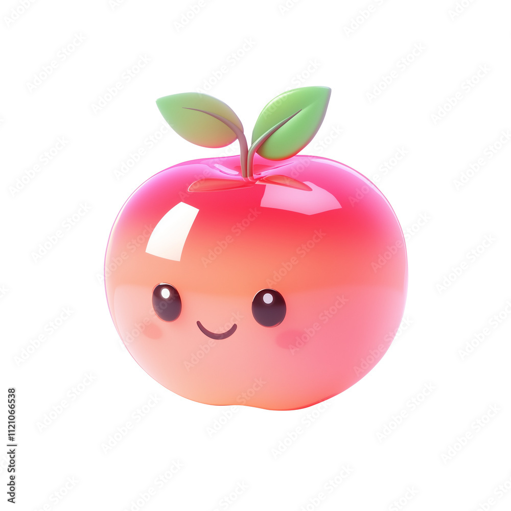 cute pink apple smiling character with face and leaves cutout on ...