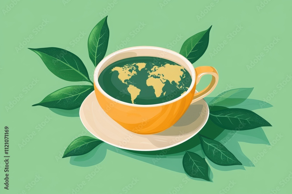 International Tea Day with tea leaves and the world map inside on light ...