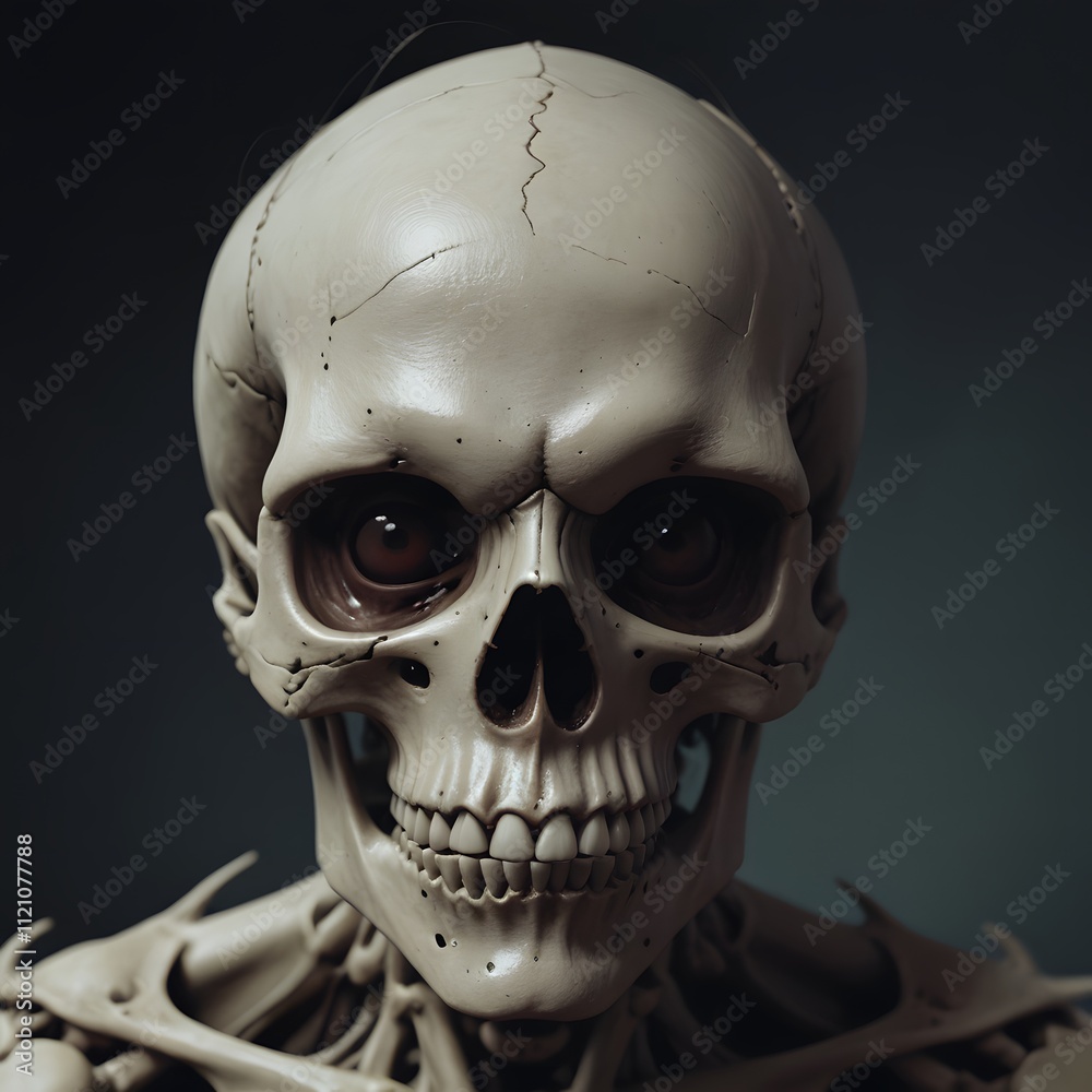 Close-up of a realistic human skull model with visible details of the ...