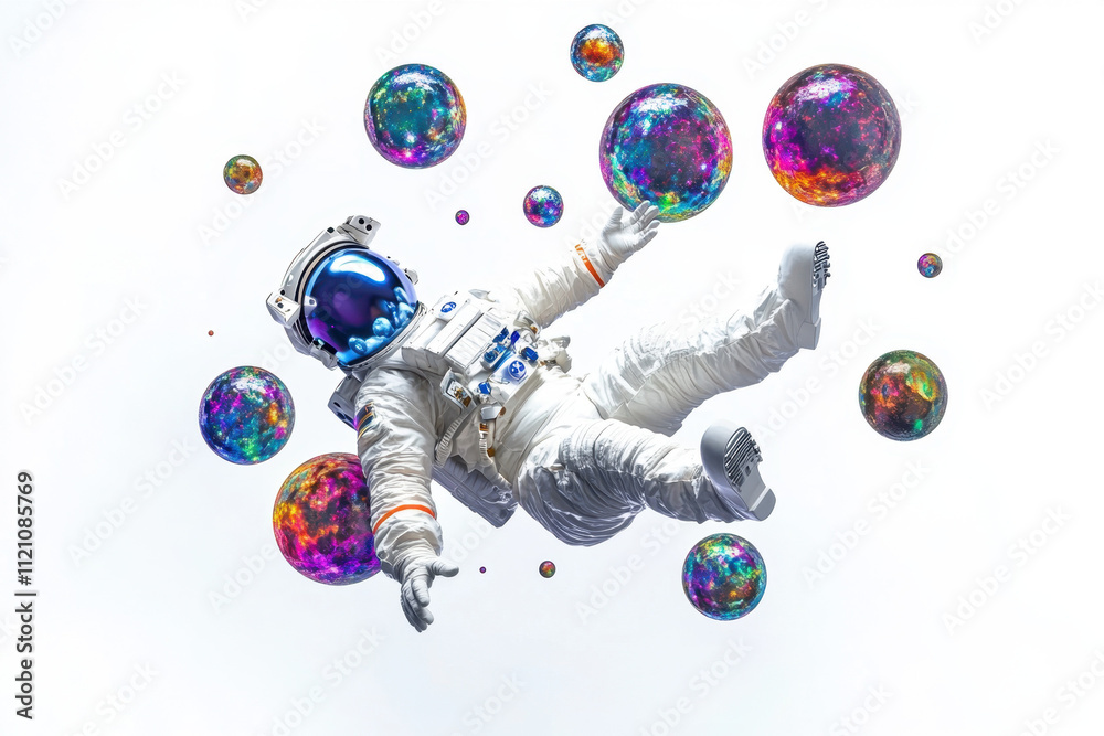 Astronaut in a white suit floating amidst colorful cosmic spheres ...