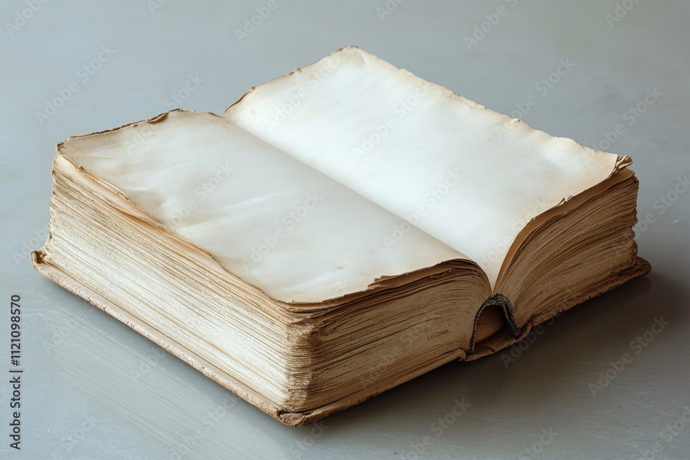 Antique book with aged, yellowed pages lies open, revealing its worn ...