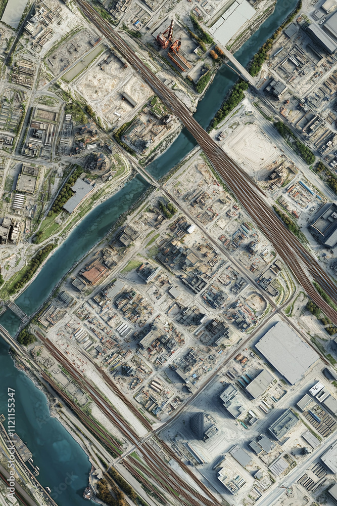 High-resolution 3D map of an industrial zone created using LiDAR GIS data displaying elevation ...