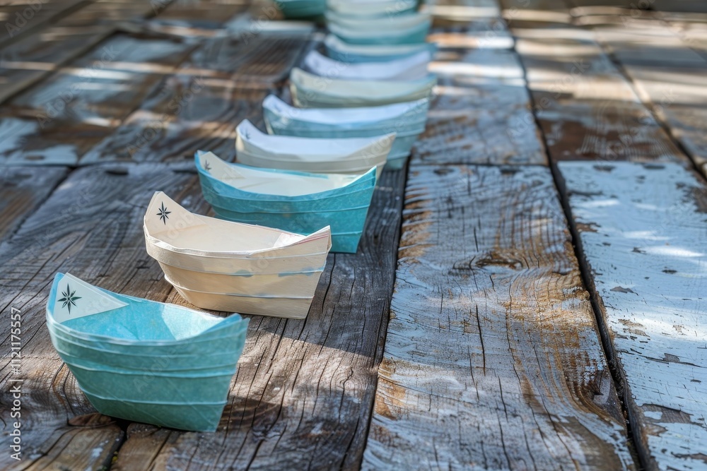 Colorful paper boat leading a fleet of small white boats with compass ...