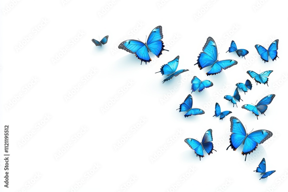 A cluster of blue morpho butterflies in flight against a white ...