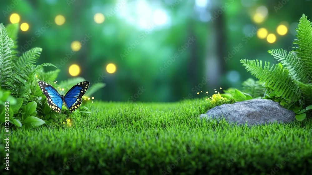 Enchanted Forest: A Blue Morpho Butterfly rests on lush green moss ...