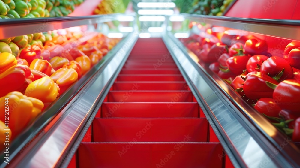 Panoramic view of a grocery store with vibrant displays of fresh fruits ...