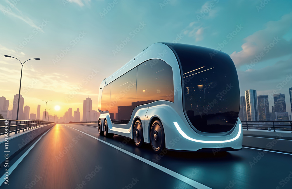 Futuristic autonomous vehicle bus moves along city highway at sunrise ...