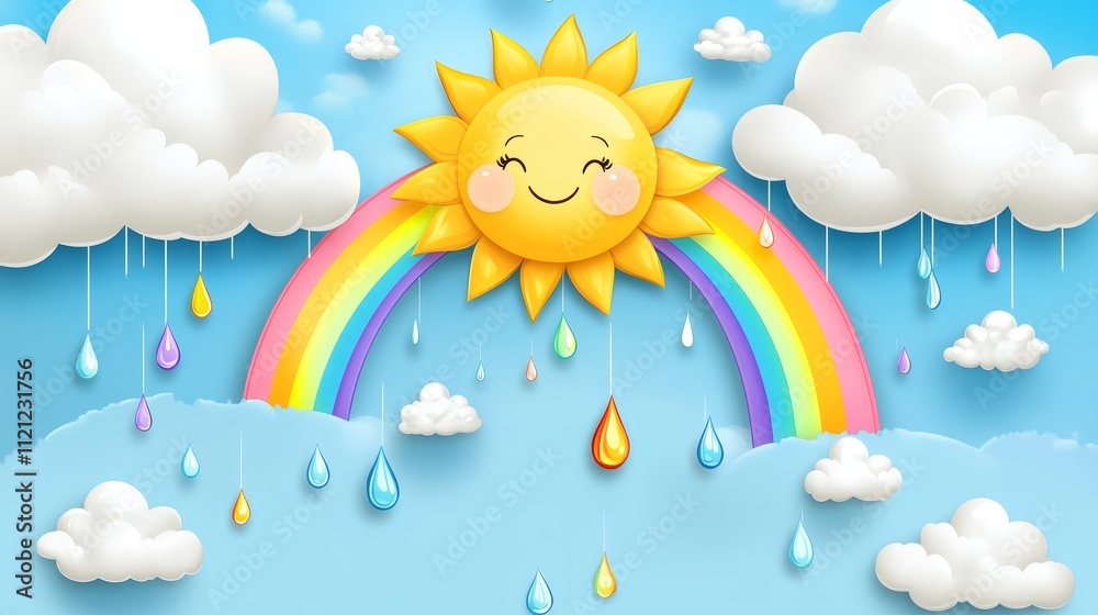 Cute smiling sun rainbow clouds raindrops cartoon, colorful happy ...