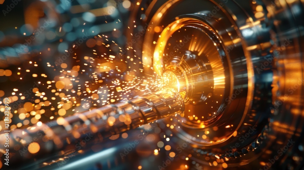 Glowing cosmic energy burst emanating from the core of a futuristic particle accelerator reactor ...