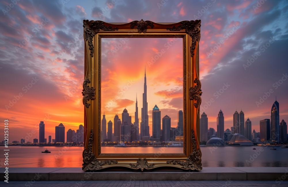 Golden frame captures Dubai skyline at sunset. Vibrant colors paint sky ...