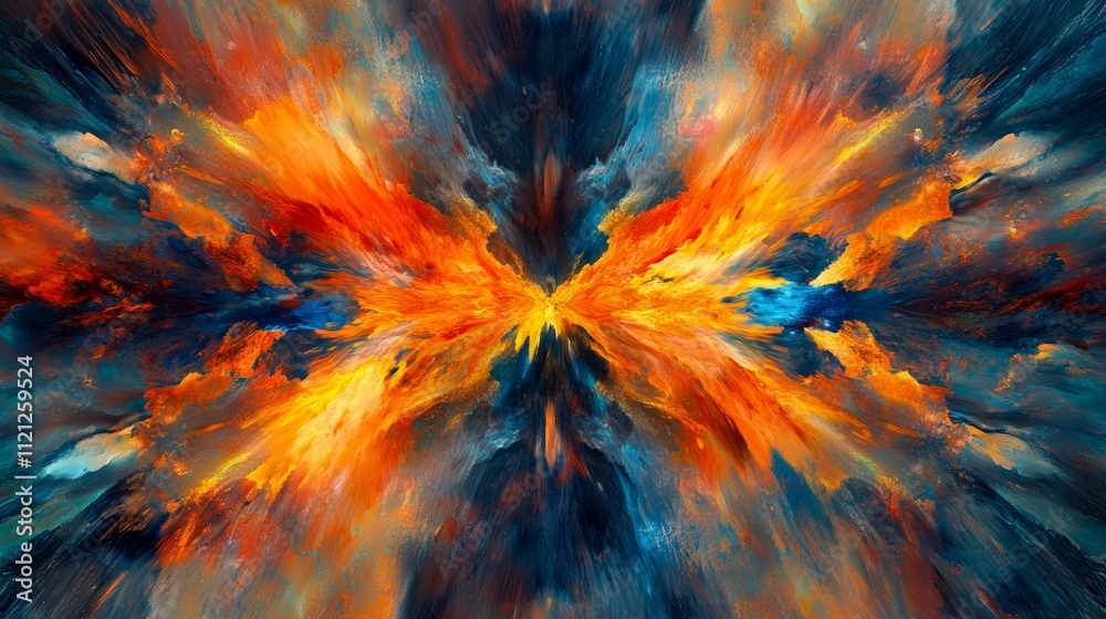 A dynamic and vibrant abstract explosion of fiery colors in blues and ...
