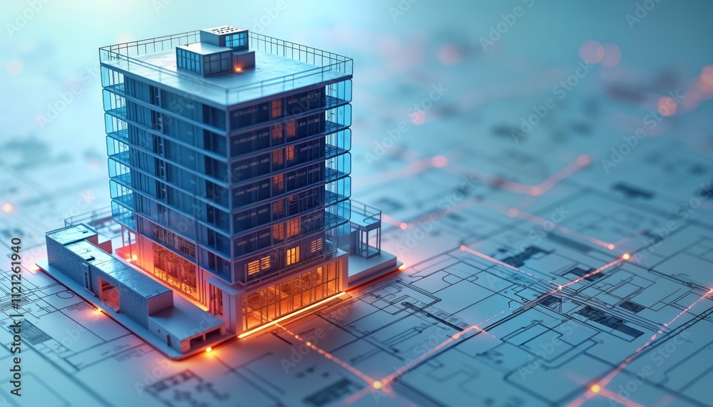 Ilustrace Modern building design concept illustrated with BIM. 3D model ...