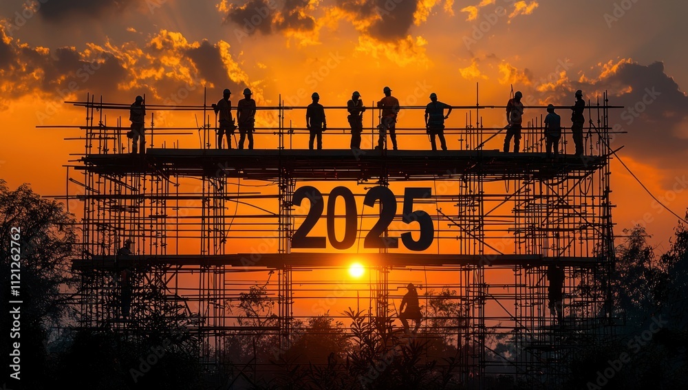 Construction workers building future infrastructure under 2025 sunset ...