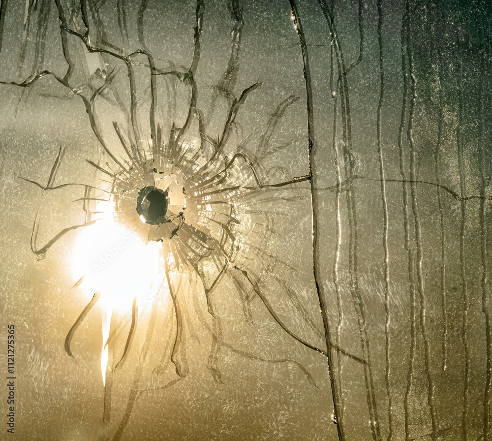Bullet hole is in double pane of glass. Web of cracks, old web of spider debris is stirring in ...